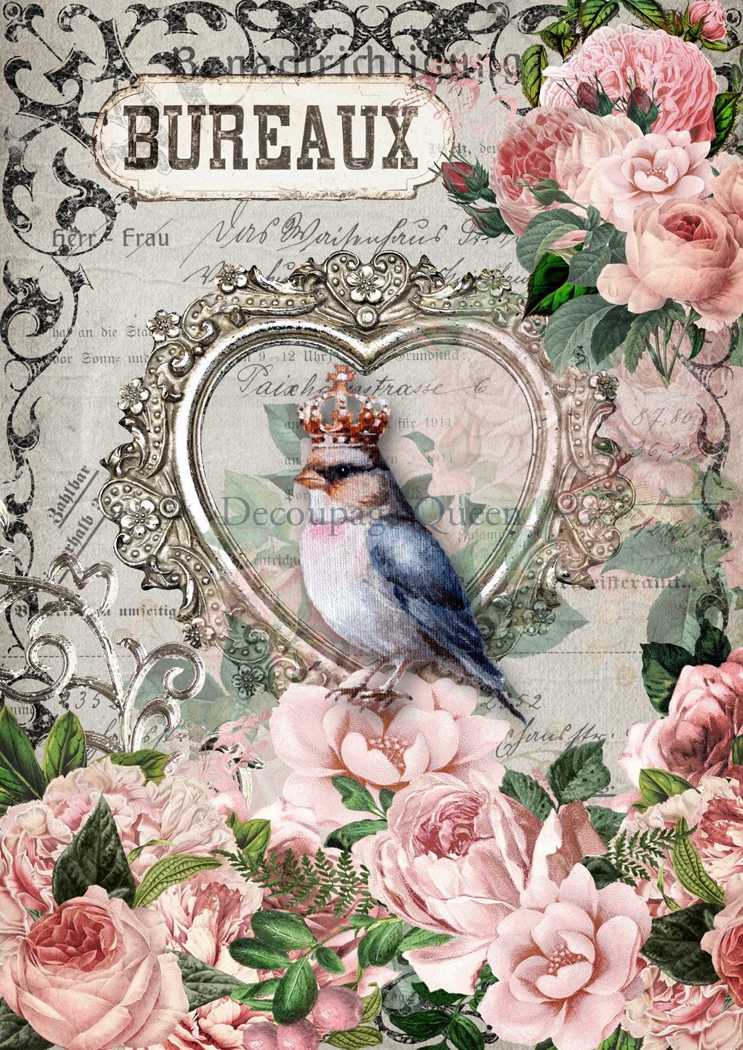 Crowned Lady Decoupage Paper Rice Paper Decoupage Queen Bird Decoupage ...