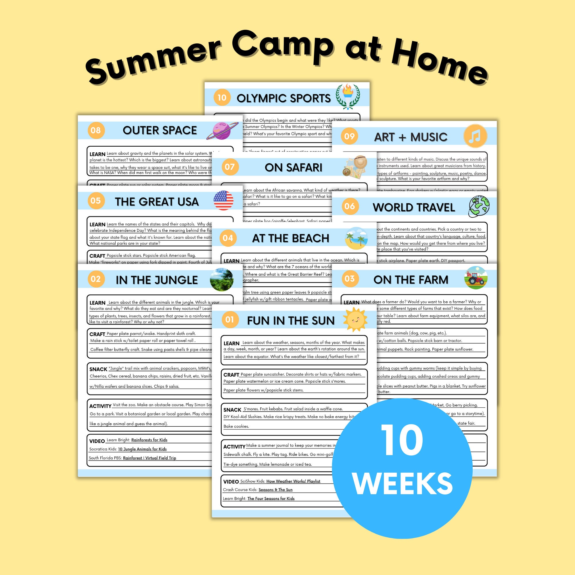 Summer Camp at Home Printable | 10 Weeks Summer Activities for Kids ...