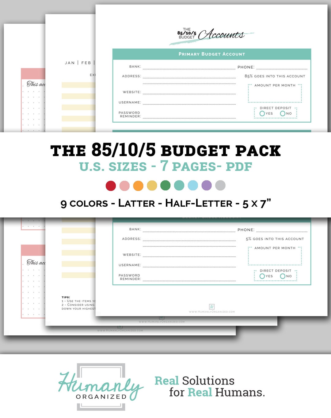 85/10/5 Budget Planner Printable Pack: Finance System (U.S. Letter ...