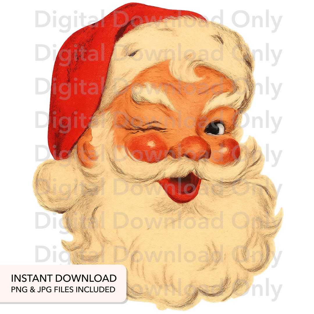 Retro Vintage Santa Head Clipart PNG and JPG – Jolly Winking Santa Face ...