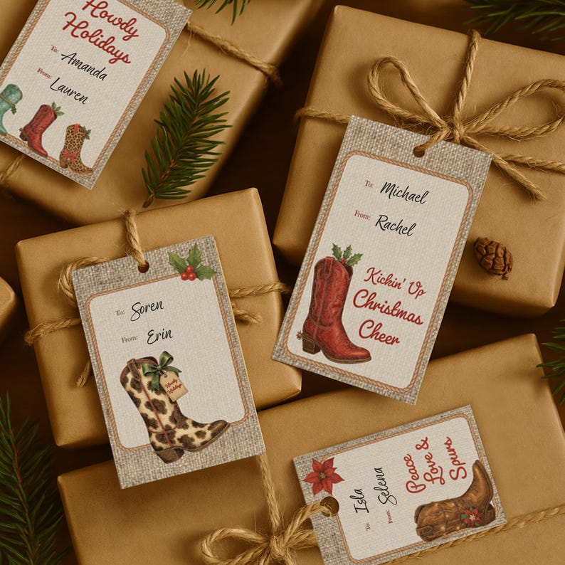 Western Christmas Cowboy Boot Printable Gift Tag Set Wrapping Decor - Etsy