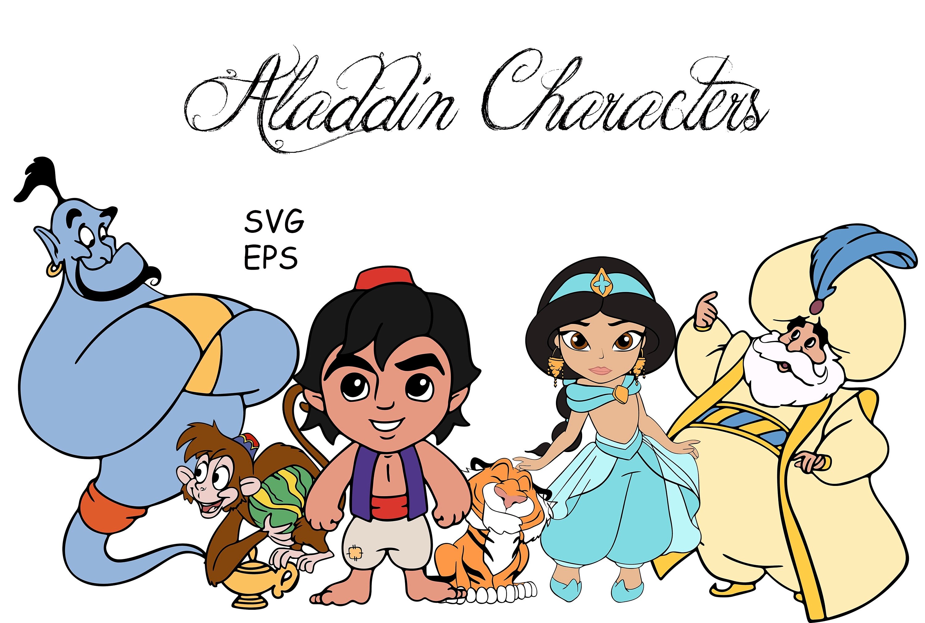 SVG Aladdin personajes clip art Jasmine Genie Chibi Aladdin | Etsy