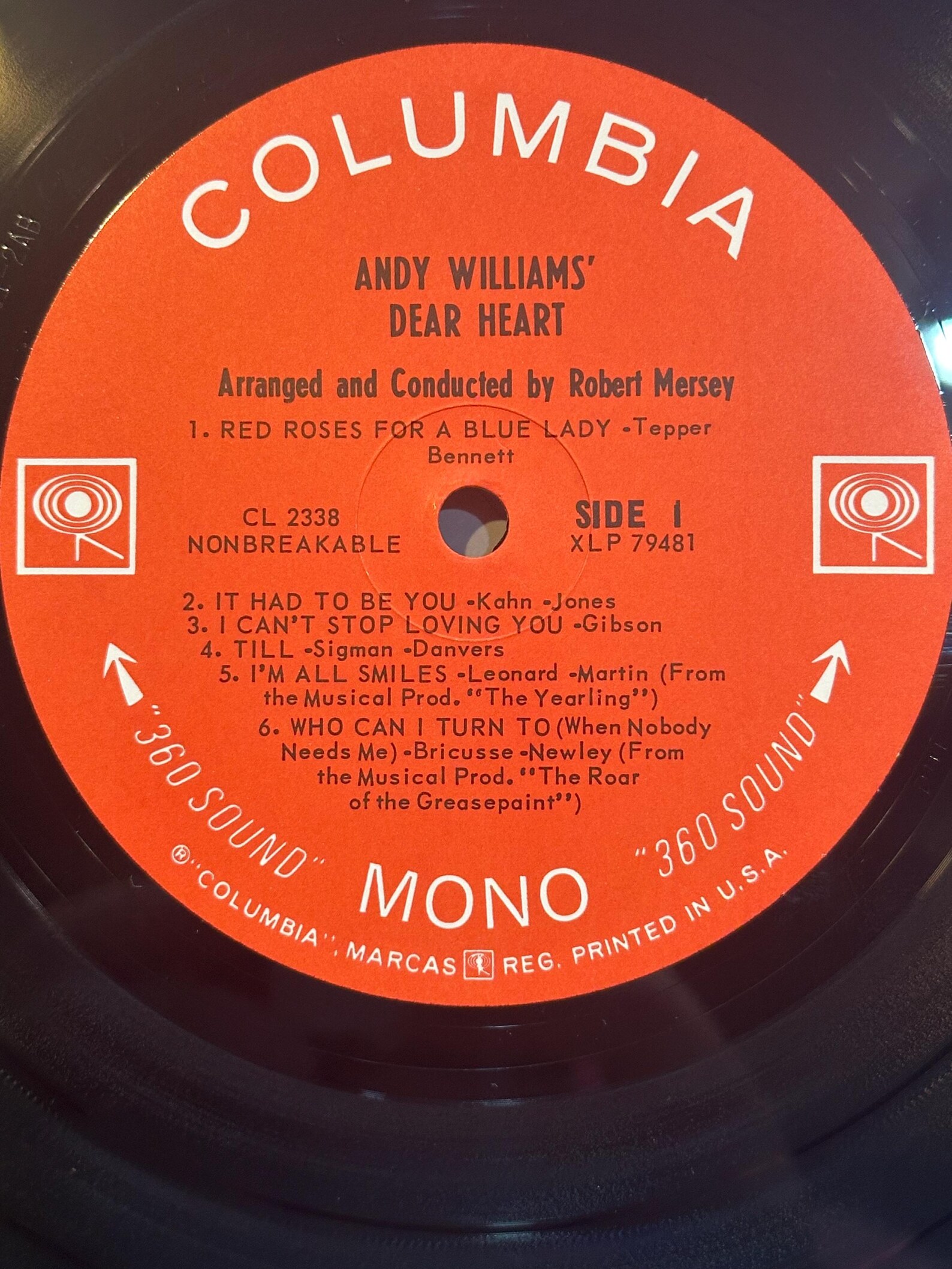 Andy Williams - Dear Heart. Columbia Records Promotional Album. CL 2338 ...