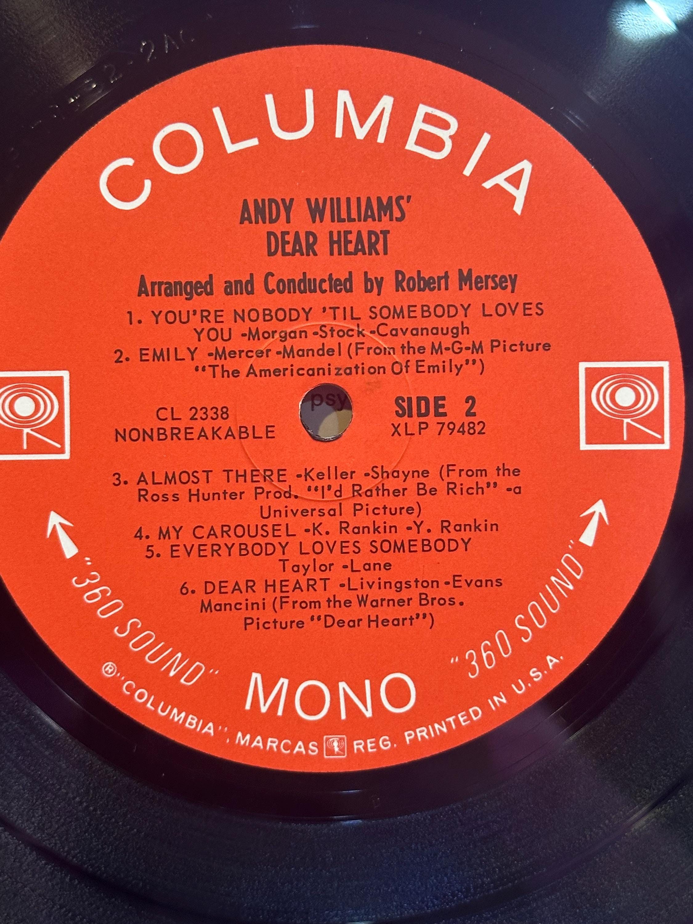 Andy Williams - Dear Heart. Columbia Records Promotional Album. CL 2338 ...