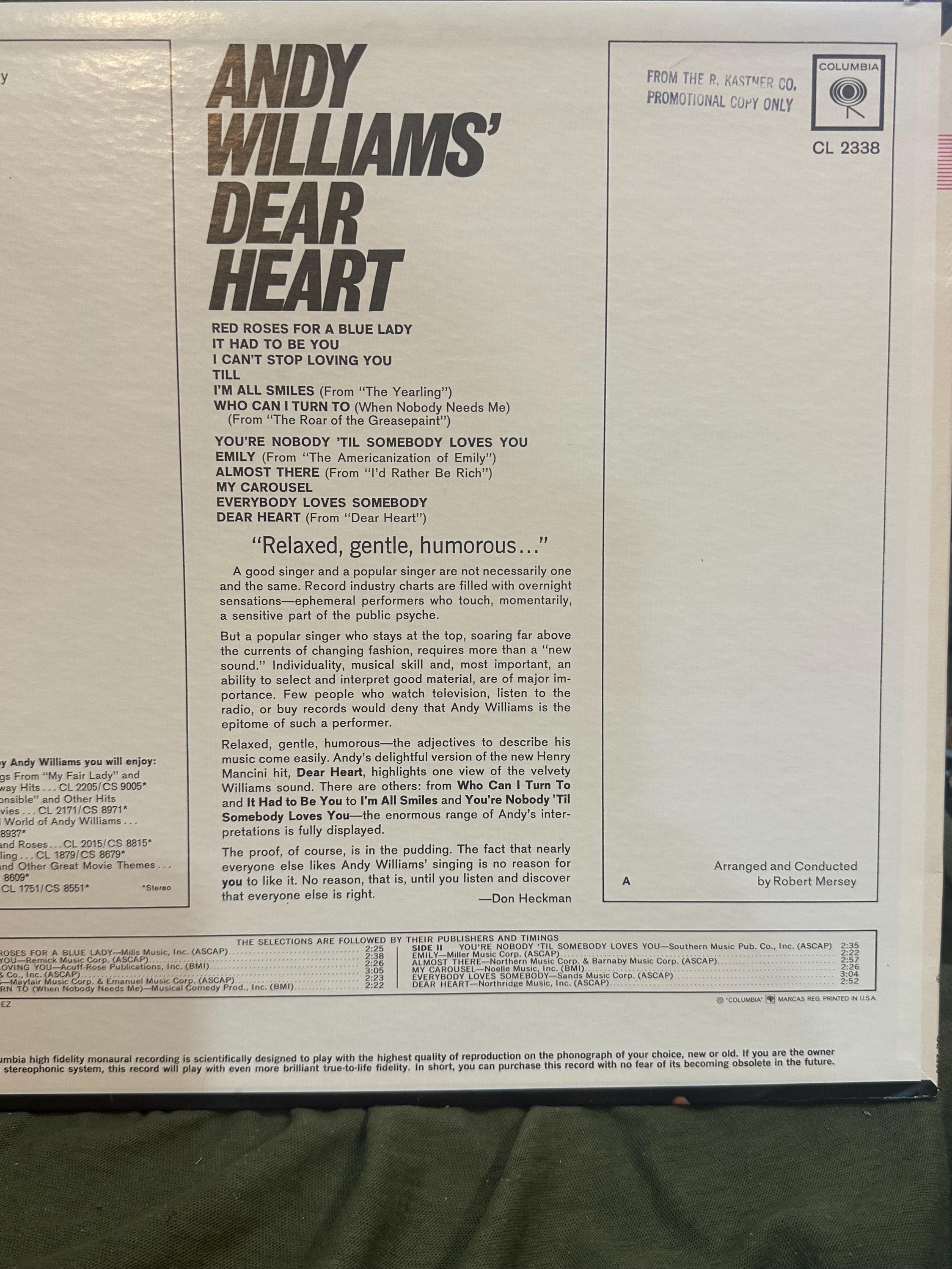 Andy Williams - Dear Heart. Columbia Records Promotional Album. CL 2338 ...