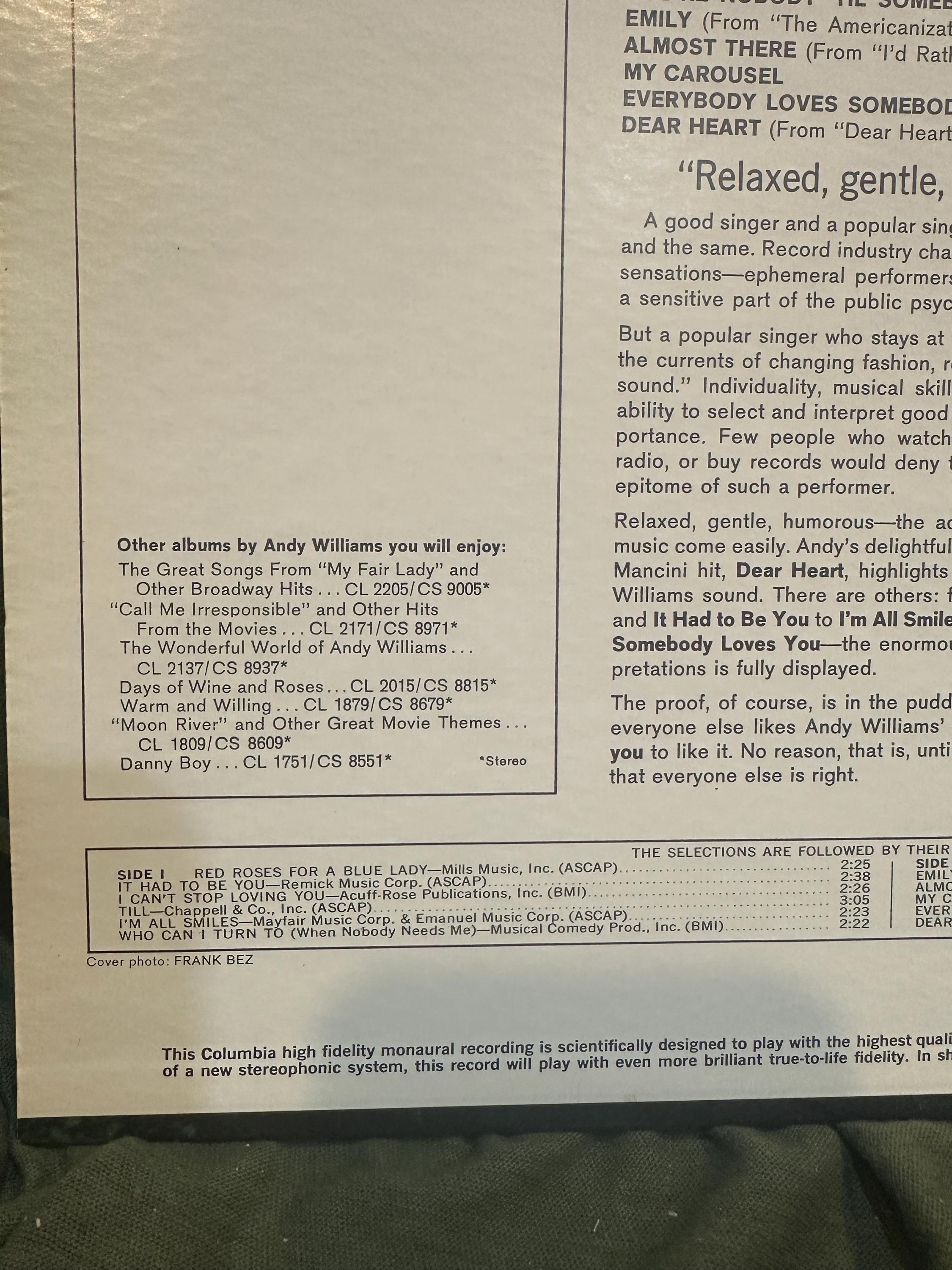 Andy Williams - Dear Heart. Columbia Records Promotional Album. CL 2338 ...