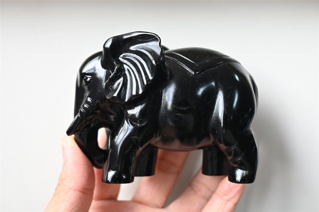 3.9'' Natural Hand Carved Obsidian Elephant，christmas Gift，crystal ...