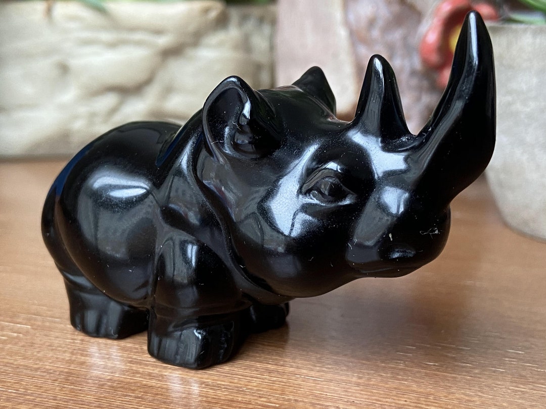 3.2'' Natural Hand Carved Obsidian Rhinoceros，crystal Animal，father's ...