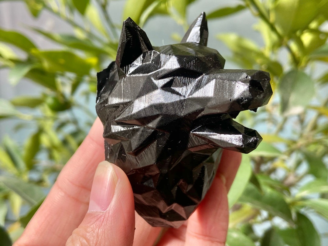 2.7'' Hand Carved Black Tourmaline Wolf Skull，crystal Wolf Skull，christmas Gift，quartz Crystal ...