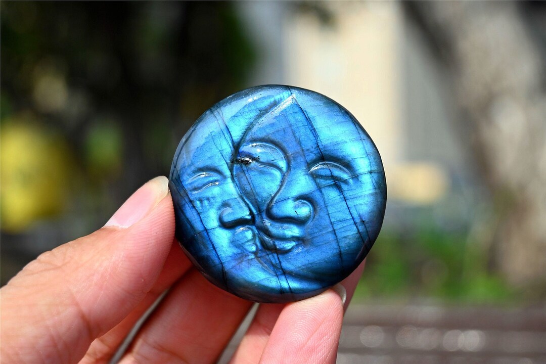 1.6'' Natural Hand Carved Labradorite Sun and Moon，quartz Crystal ...