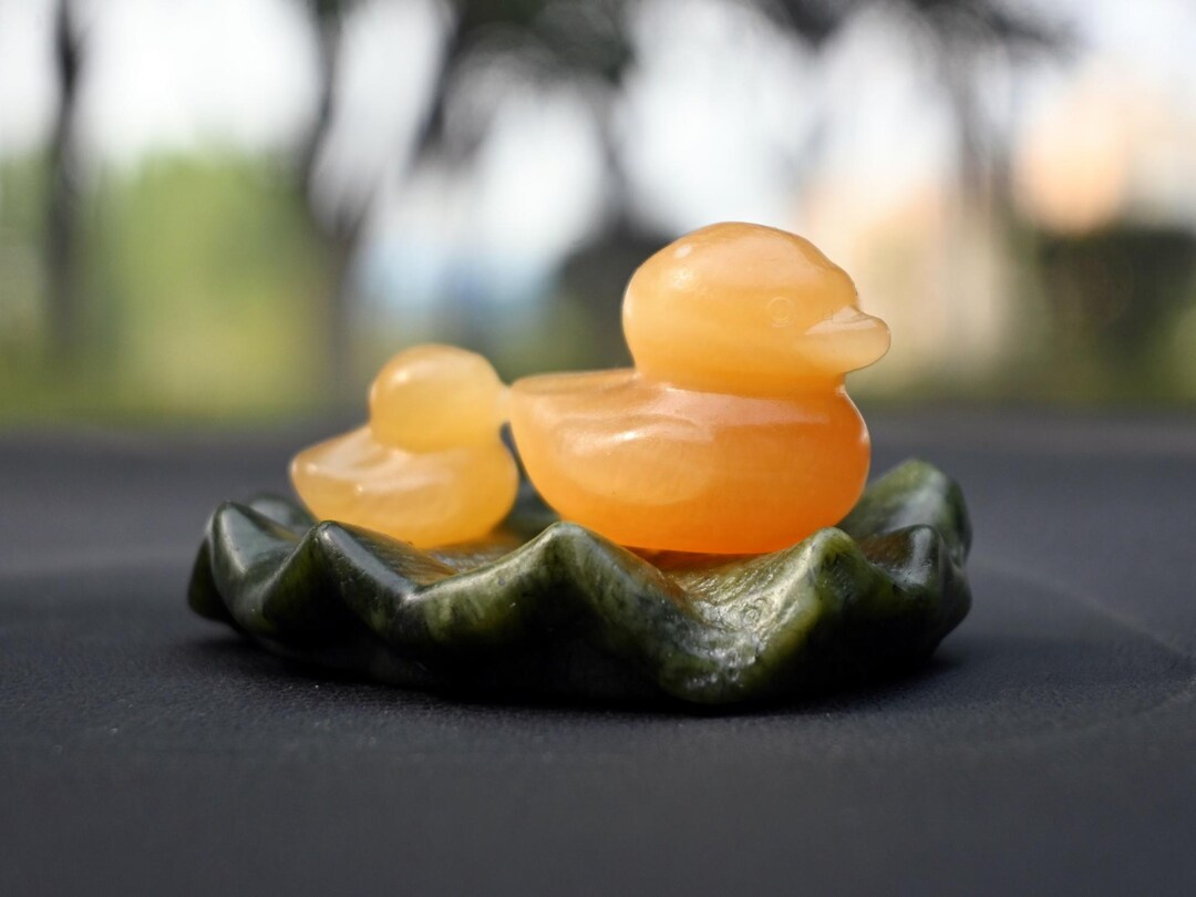 2.6" Natural Geode Stone Duck,jade Carved Lotus Leaf,crystal Heal Reiki ...