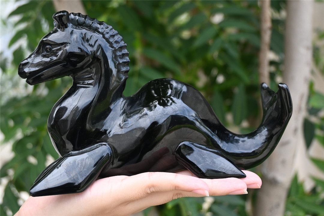 7.2'' Natural Hand Carved Obsidian Monster Dragon，crystal Loch Ness ...