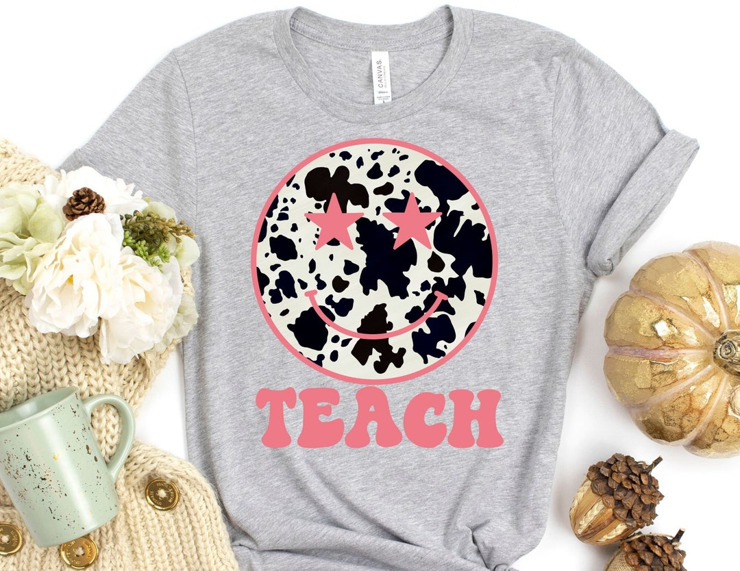 Teach Cow Print Smiley Face Shirt // Cow Teacher Shirt // Teacher Shirt ...