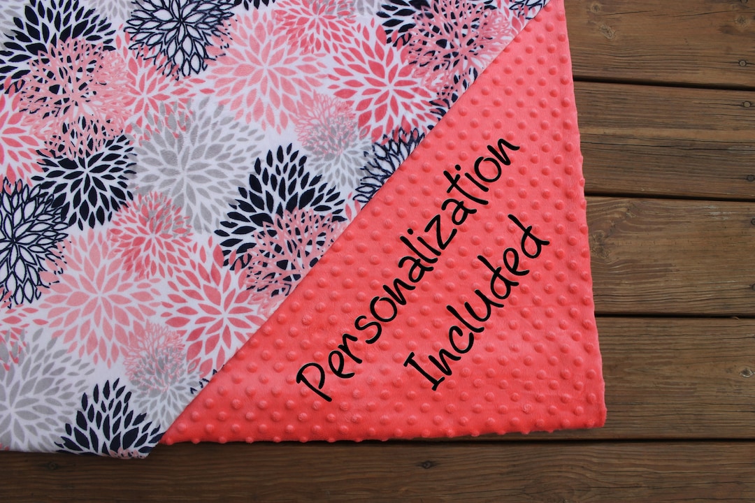 Personalized Girl Minky Baby Blanket Lovey,coral Grey Blanket,plush ...