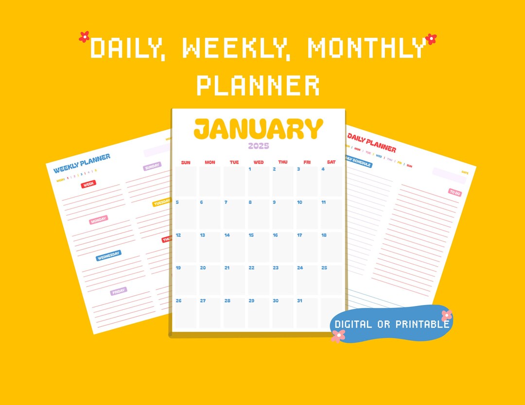 Cute Retro 2025 Printable Calendar | Daily Planner | Weekly Planner ...
