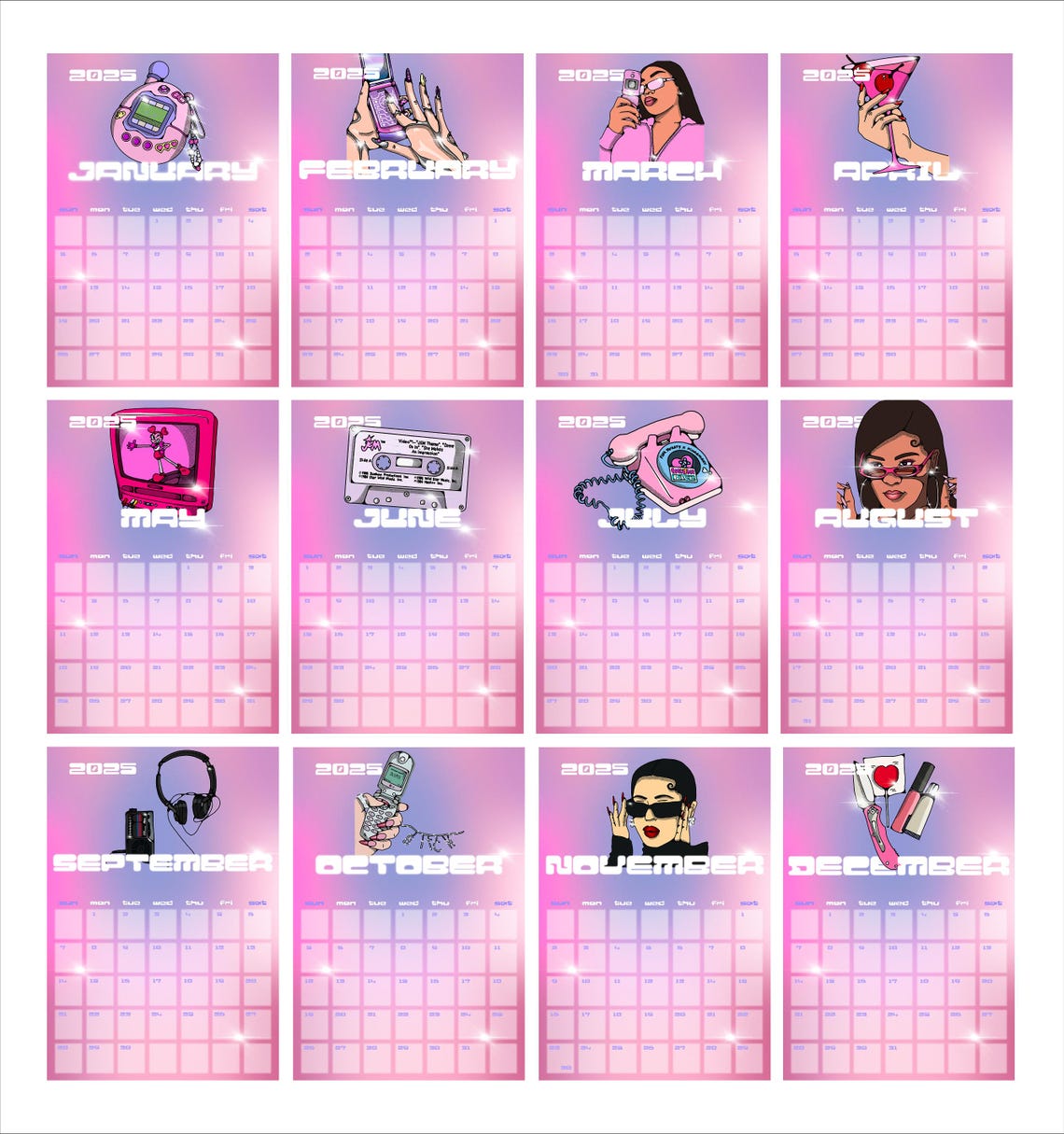 Printable 2025 Y2K Aesthetic Monthly Calendar – Retro 2000s-inspired ...