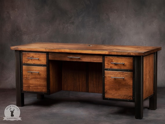 Walnut Executive Desk Modern Office Desk Industrial Desk Solid Wood Office Desk Desk With Drawers And Power Hub Home Office Desk Etsy
