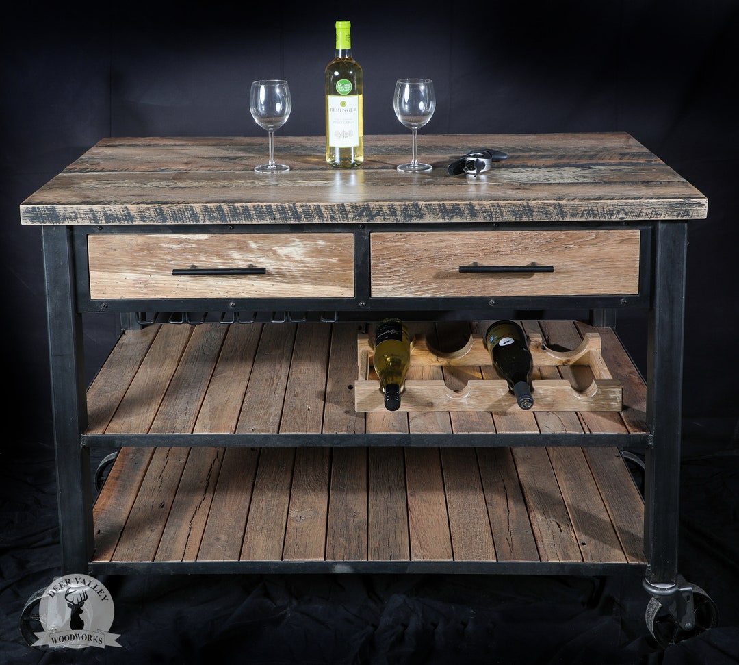 Rustic Beverage Cart Reclaimed Wood Bar Cart Farmhouse Rolling Kitchen ...