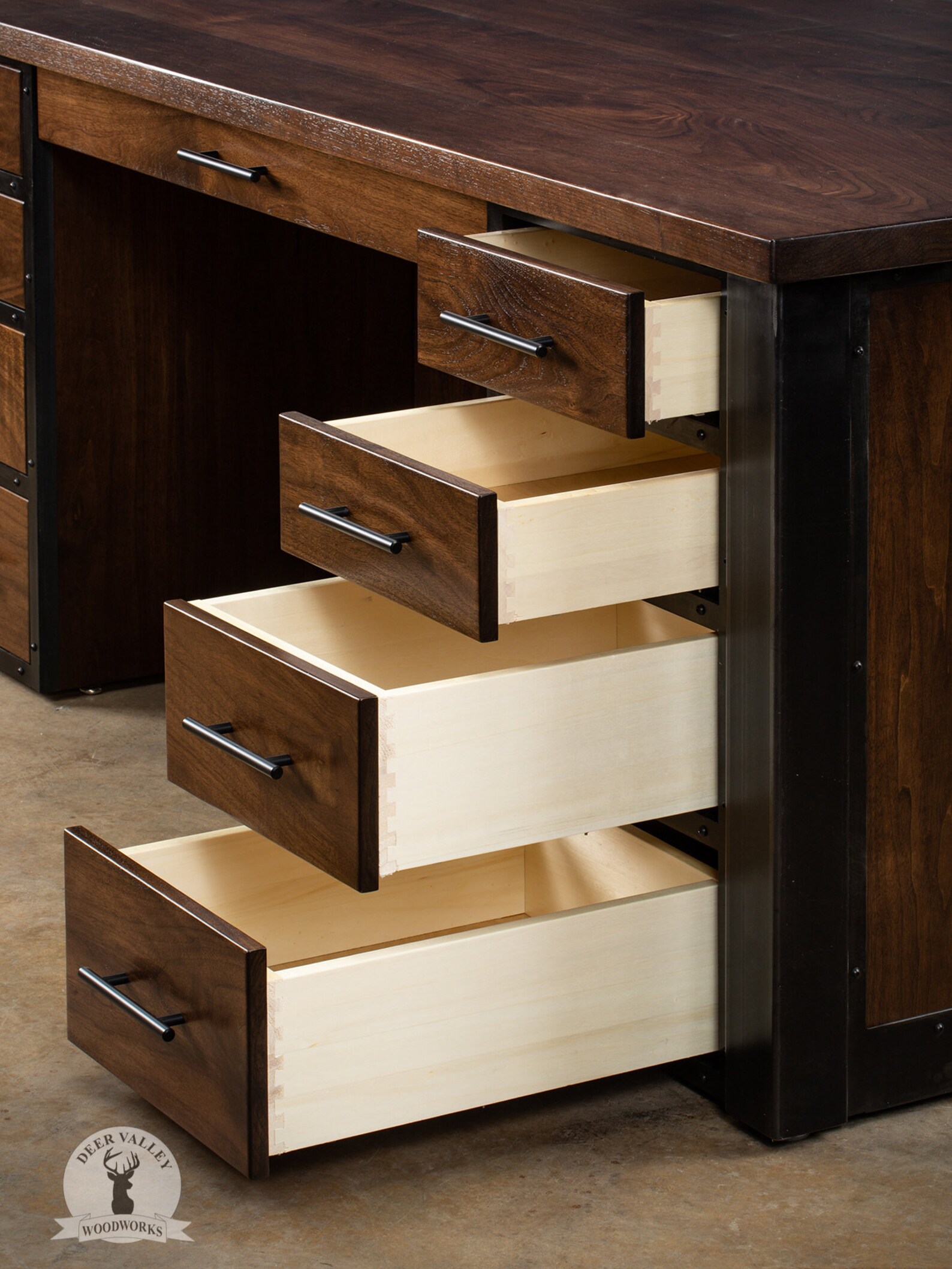 Industrial Walnut Executive Desk Front Display Shelves Modern Desk ...