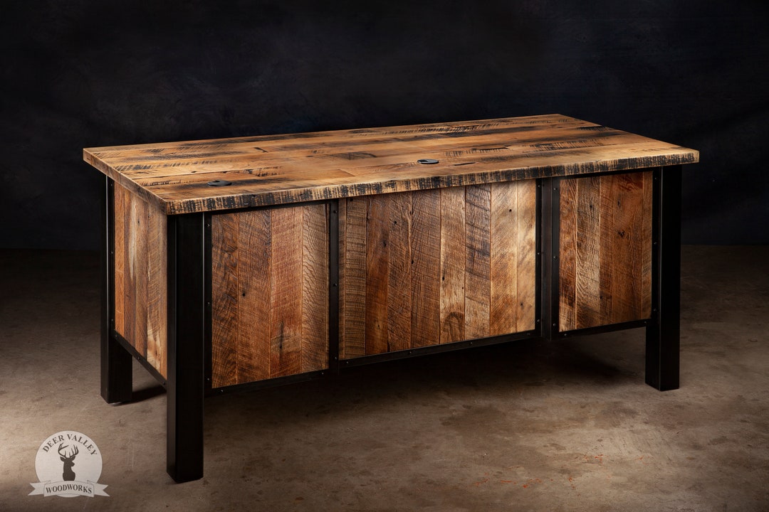Executive Industrial Desk With Drawers, Modern Reclaimed Wood Desk ...