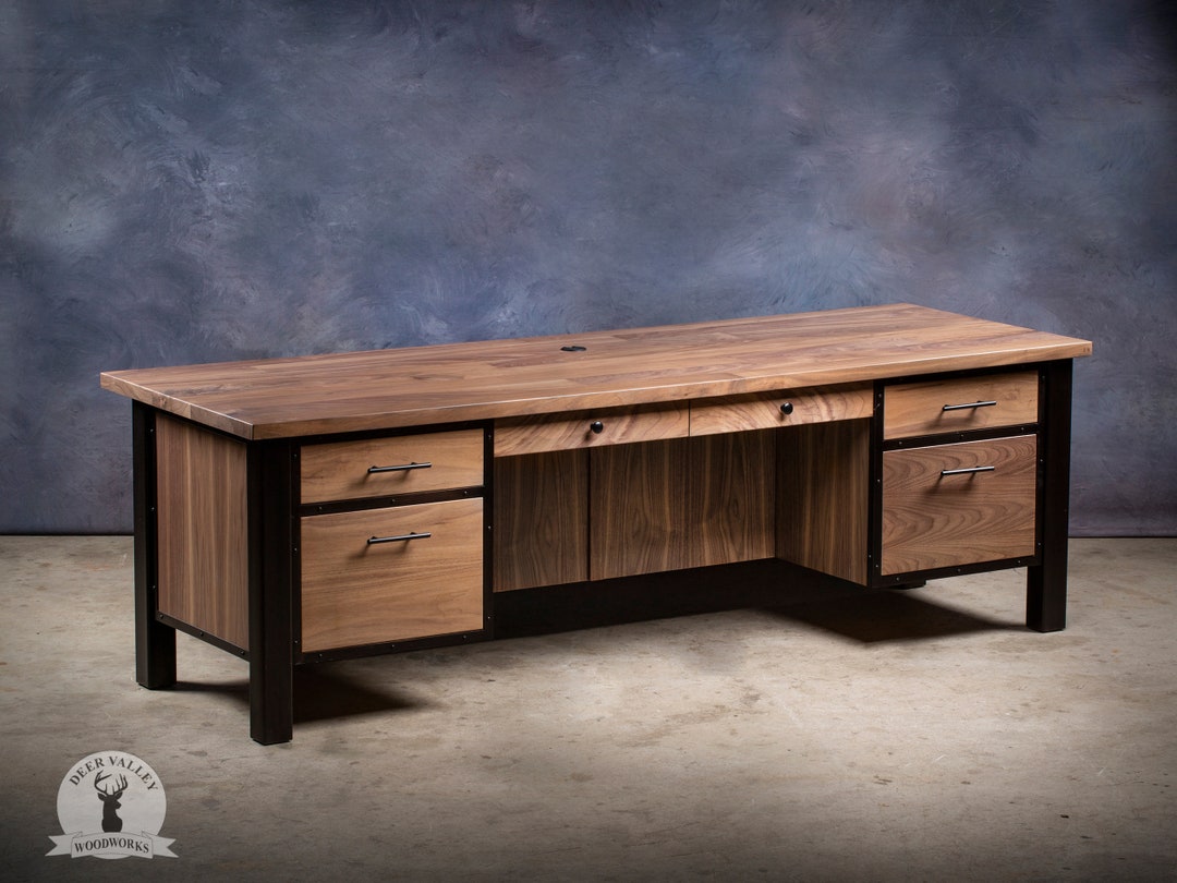 Large Walnut Executive Desk Office Computer Desk Industrial Desk Solid ...