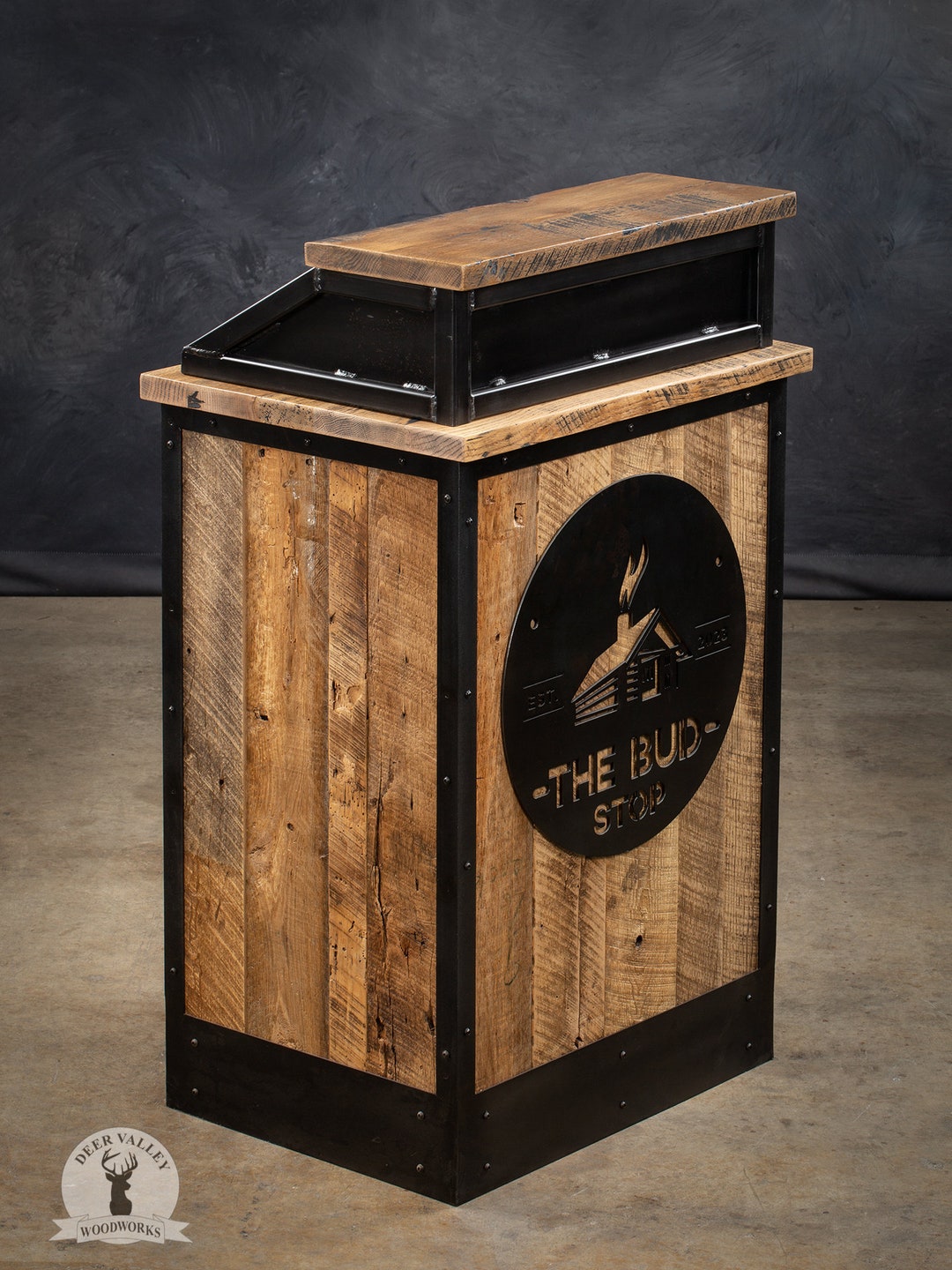 Industrial Barnwood Host Stand With Metal Logo Sign Rustic Hostess ...