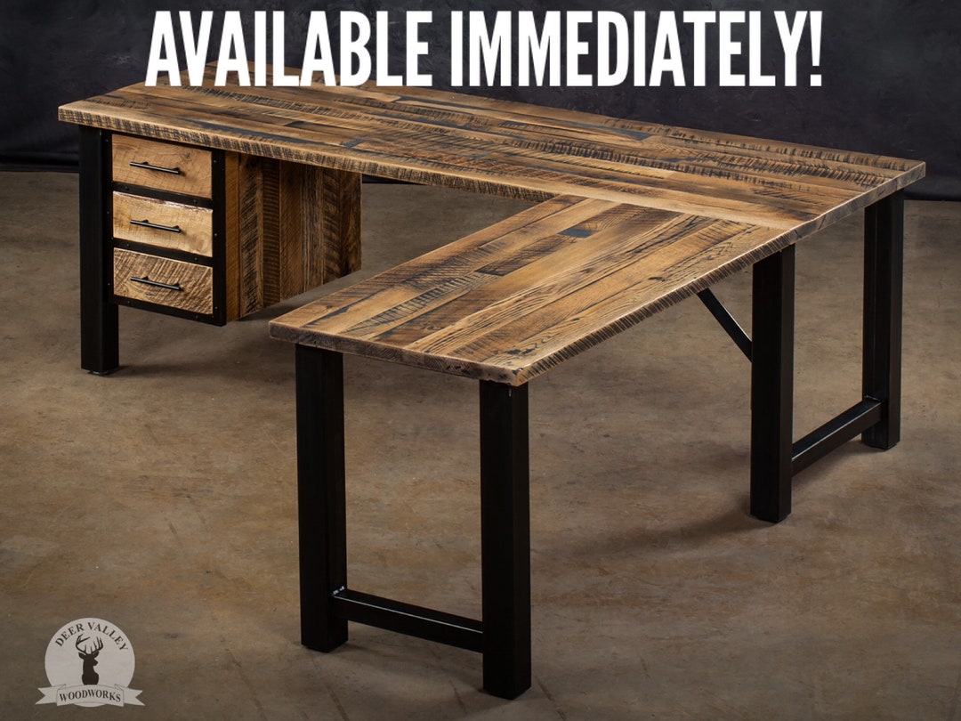 Reclaimed Wood Rustic L-shaped Office Desk With Drawers, Corner ...