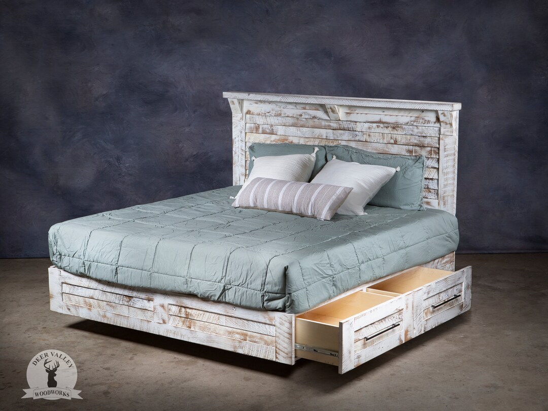 Distressed White Barnwood Platform Bed Set, Rustic White Headboard ...