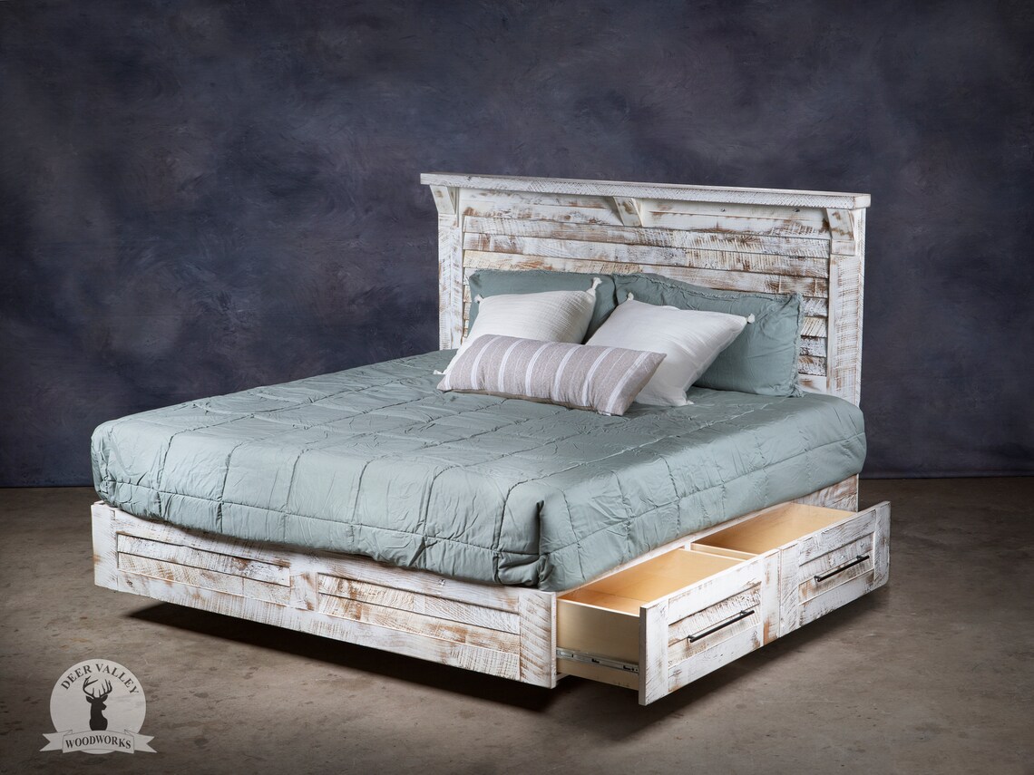 Distressed White Barnwood Platform Bed Set Rustic White - Etsy