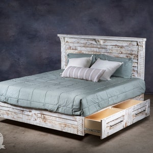 Distressed White Barnwood Platform Bed Set, Rustic White Headboard ...