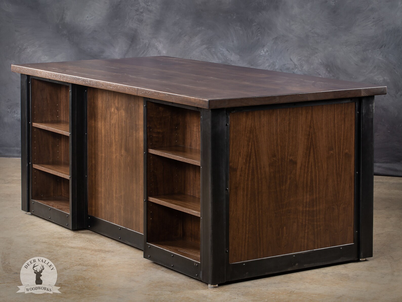 Industrial Walnut Executive Desk Front Display Shelves Modern Desk ...