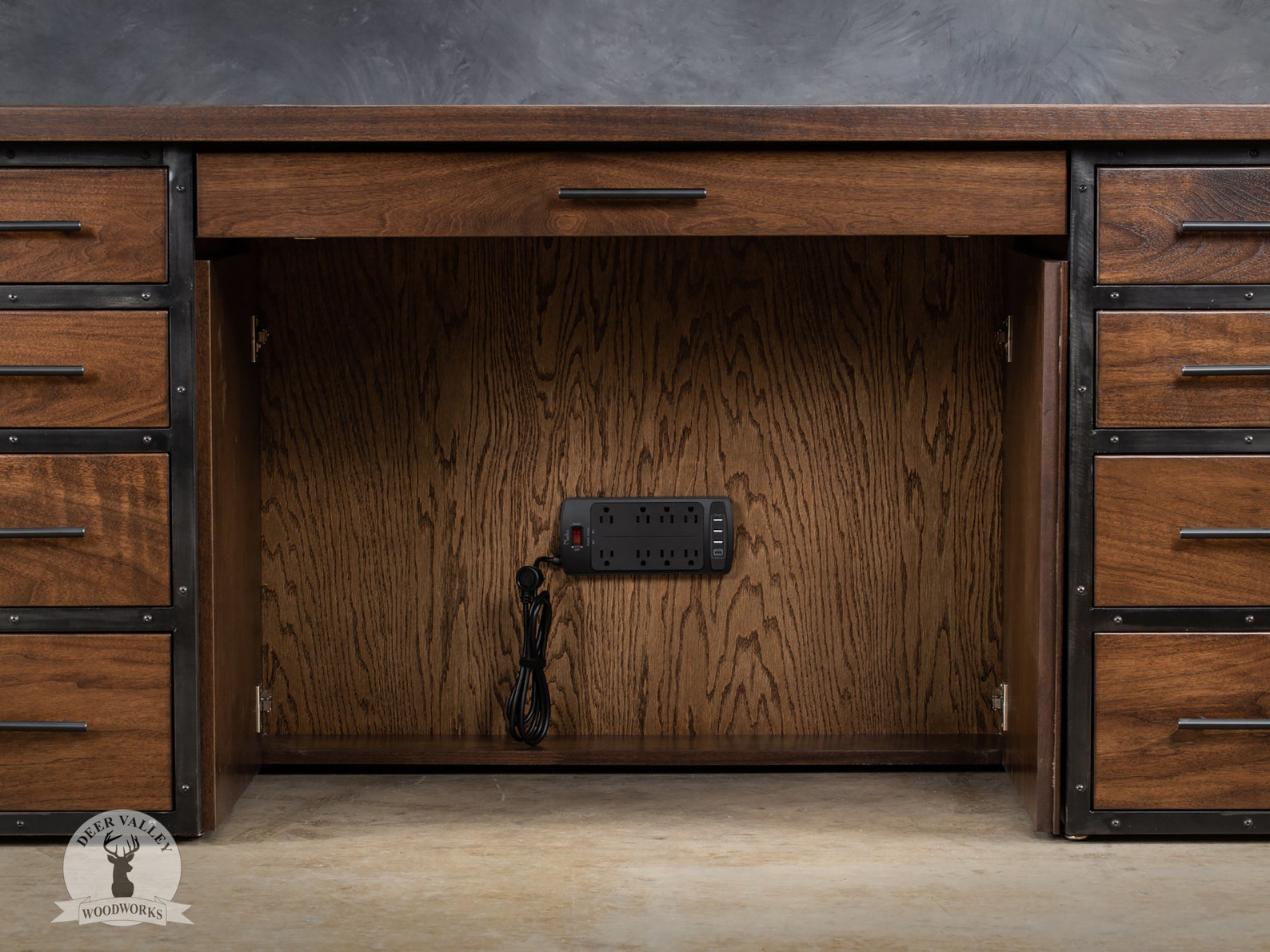 Industrial Walnut Executive Desk Front Display Shelves Modern Desk ...