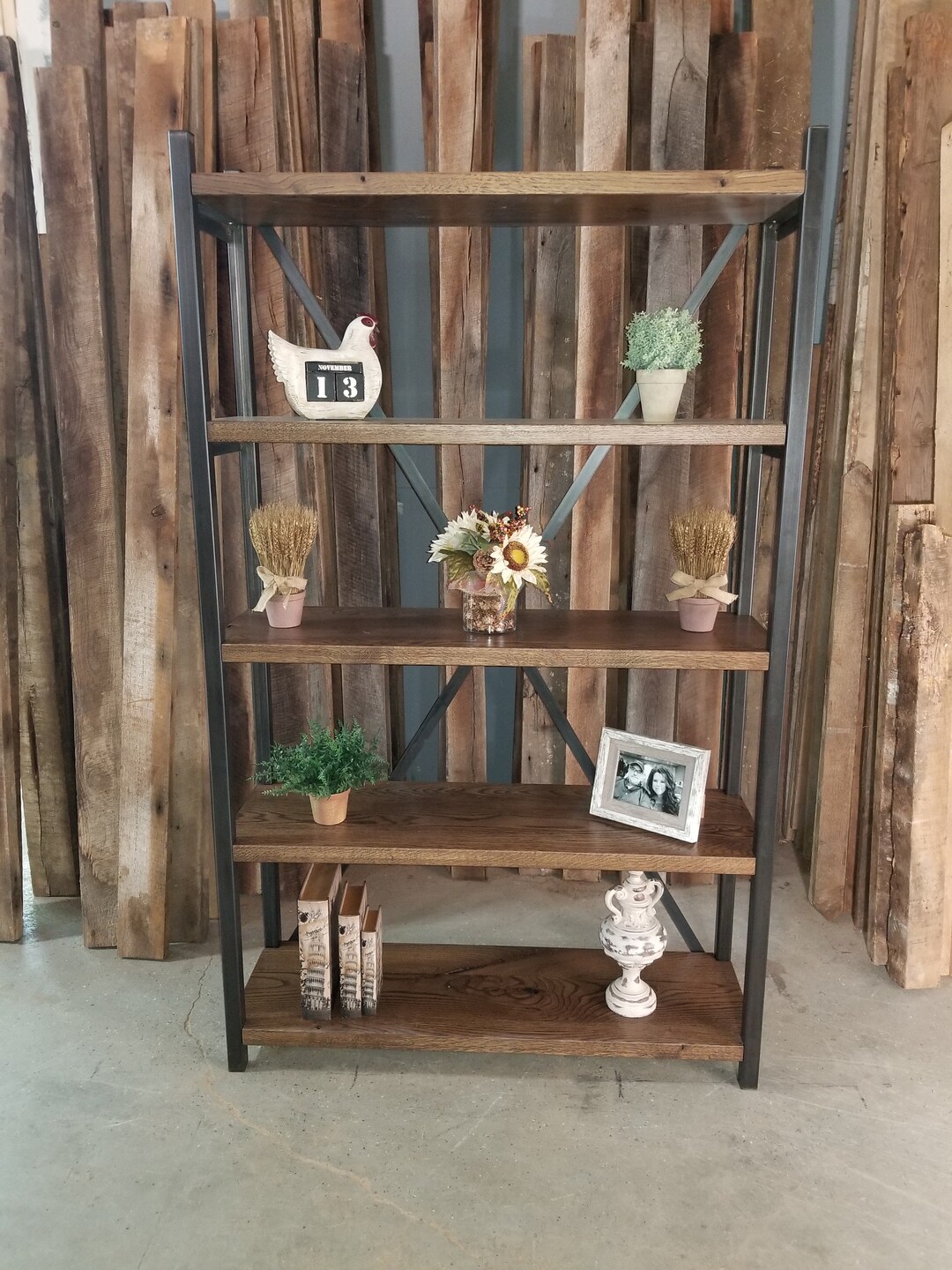 Reclaimed Bookshelf Industrial Book Shelf Rustic Metal & Wood Bookshelf ...