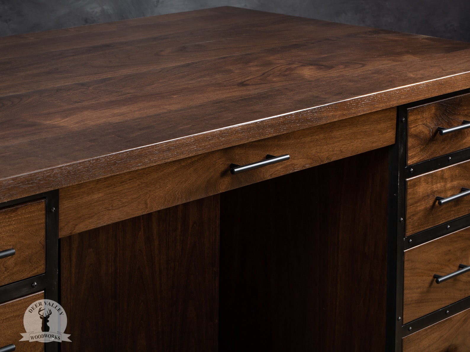 Industrial Walnut Executive Desk Front Display Shelves Modern Desk ...