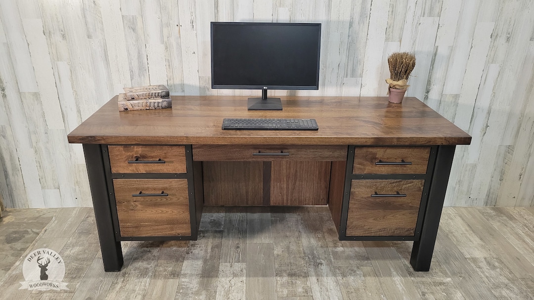 Walnut Executive Desk Modern Office Desk Industrial Classic Computer Desk Black Walnut Desk With Drawers Home Office Desk Etsy