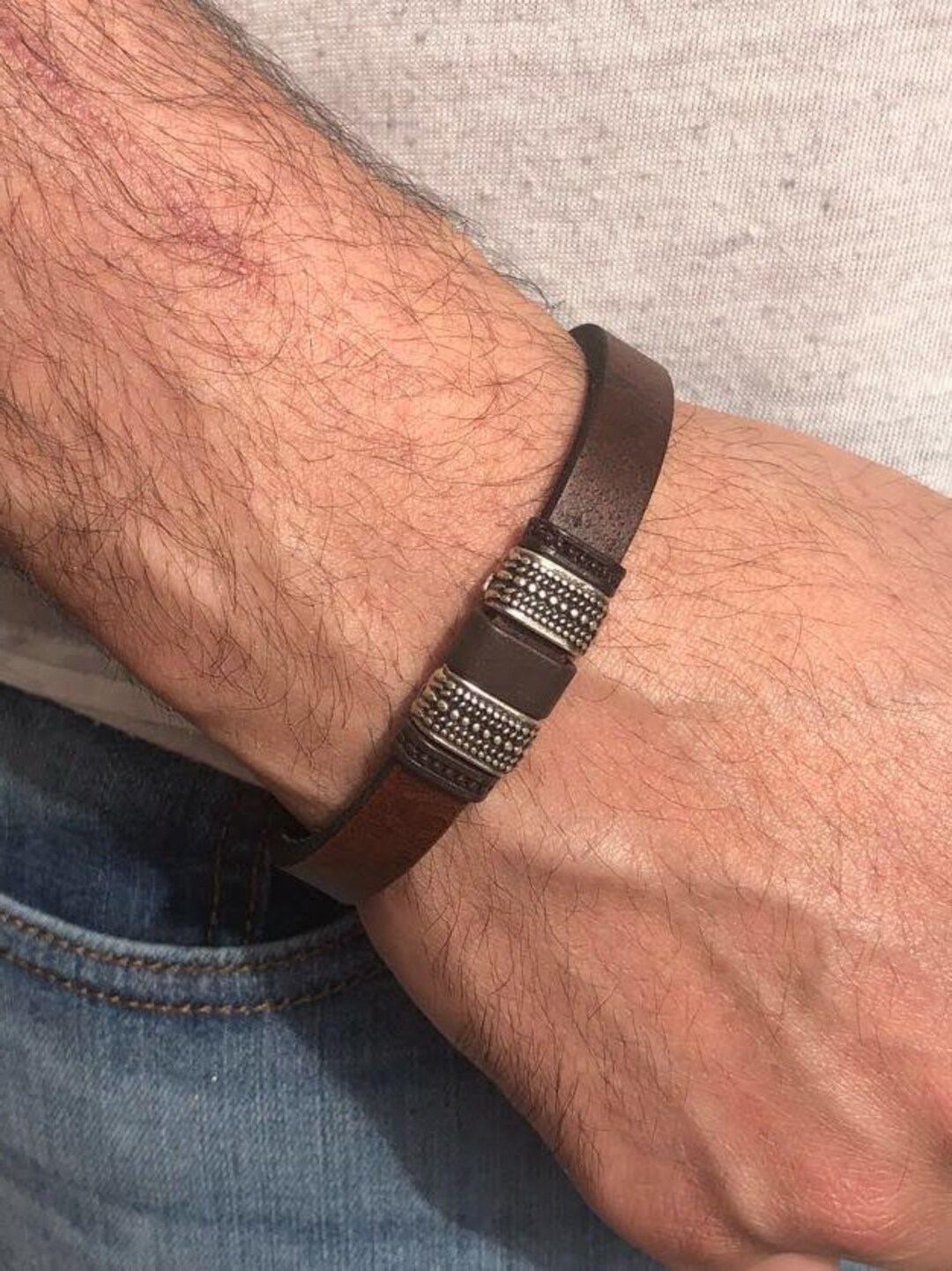 Men's Leather Bracelet With Brown Band and Silver Metal Design , Men ...