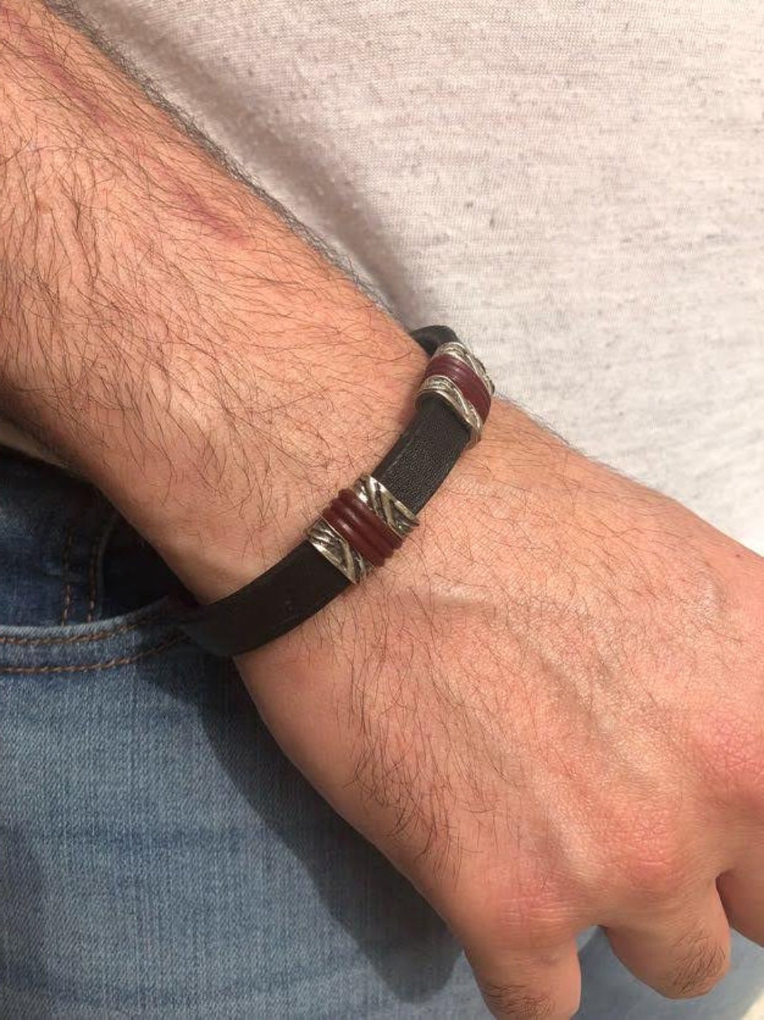 Men's Leather Bracelet With Red and Silver Design, Men Leather Bracelet ...