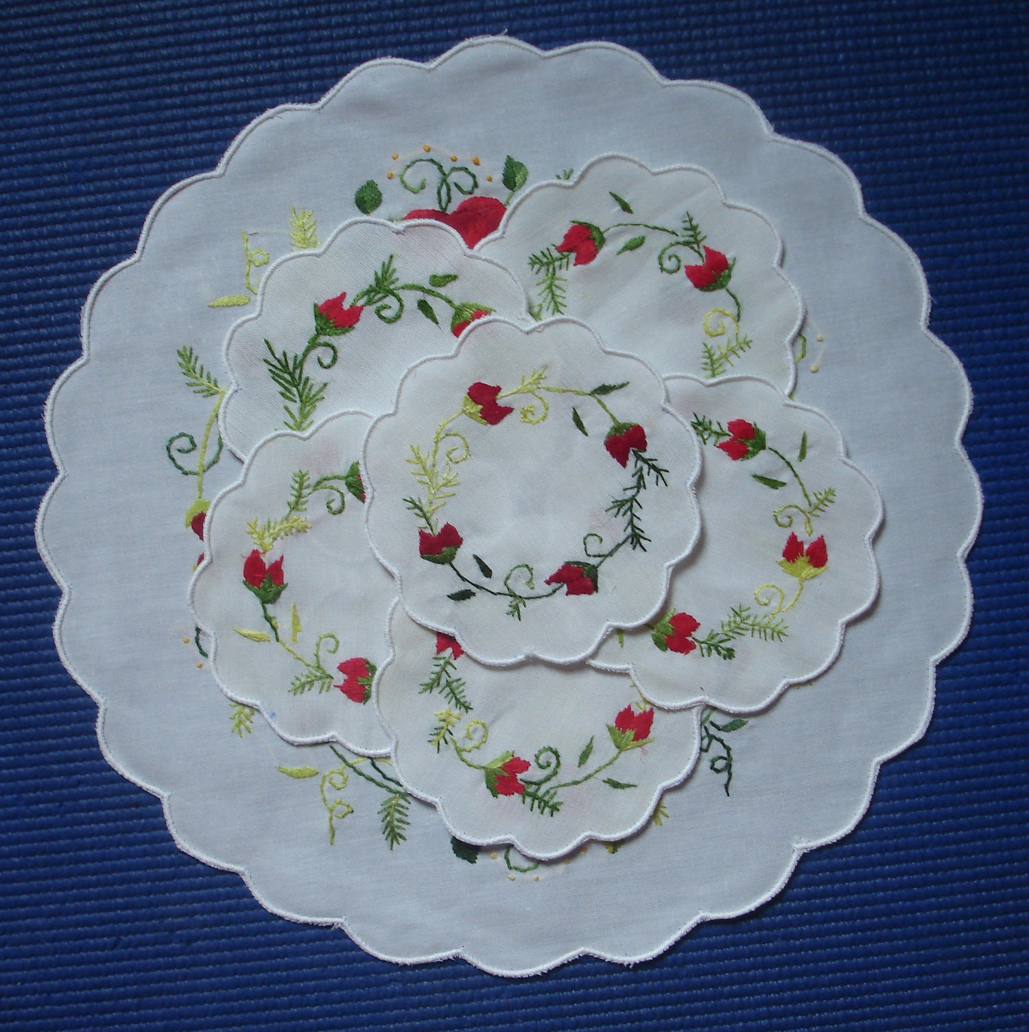 Hand Embroidered Coasters Set 6 Coasters Diameters 11 Cm and One Big ...