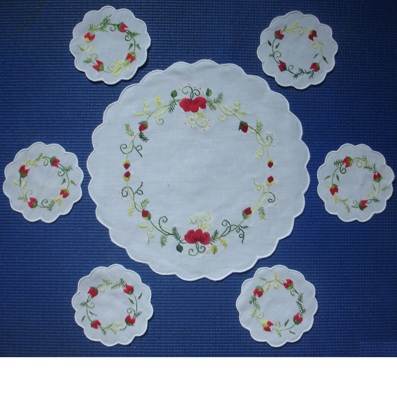 Hand Embroidered Coasters Set 6 Coasters Diameters 11 Cm and One Big ...