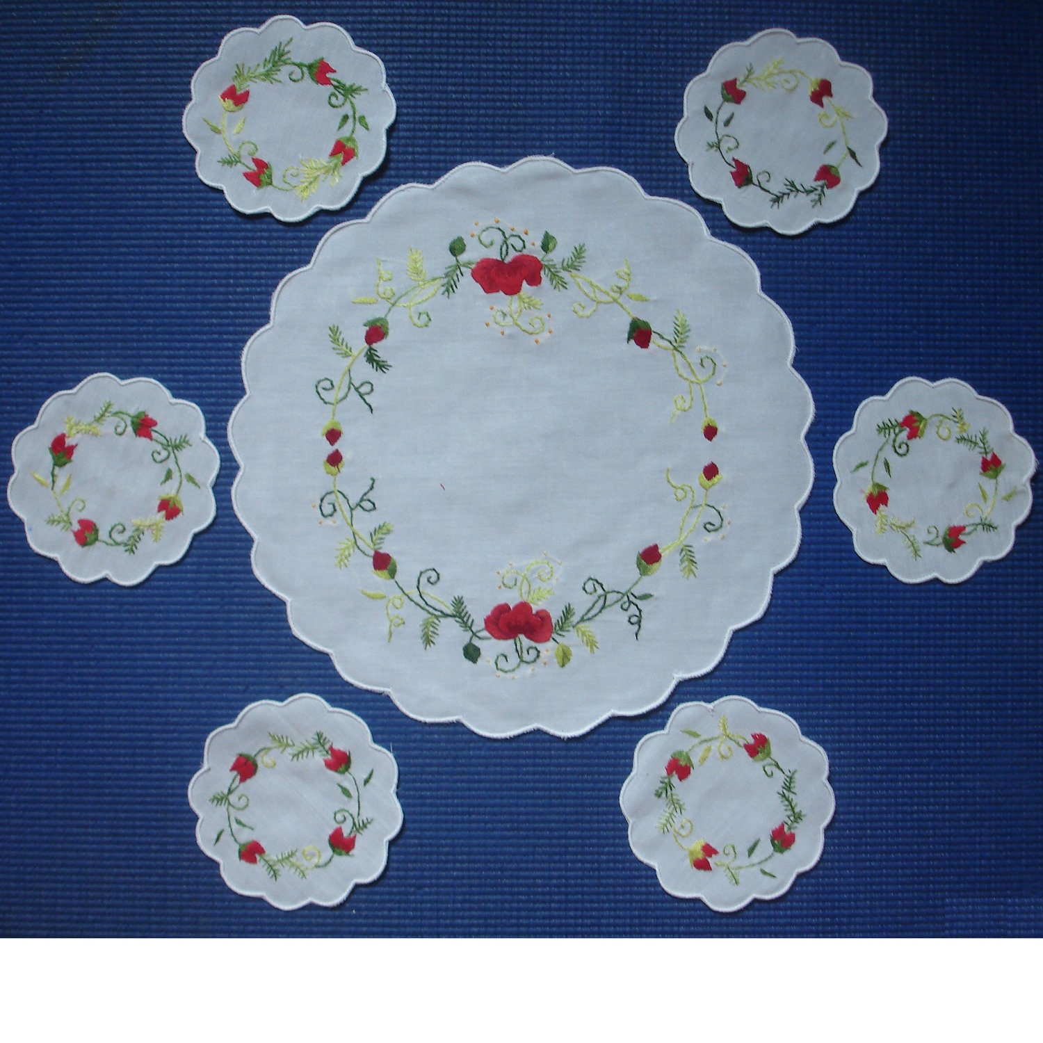 Hand Embroidered Coasters Set 6 Coasters Diameters 11 Cm and One Big ...