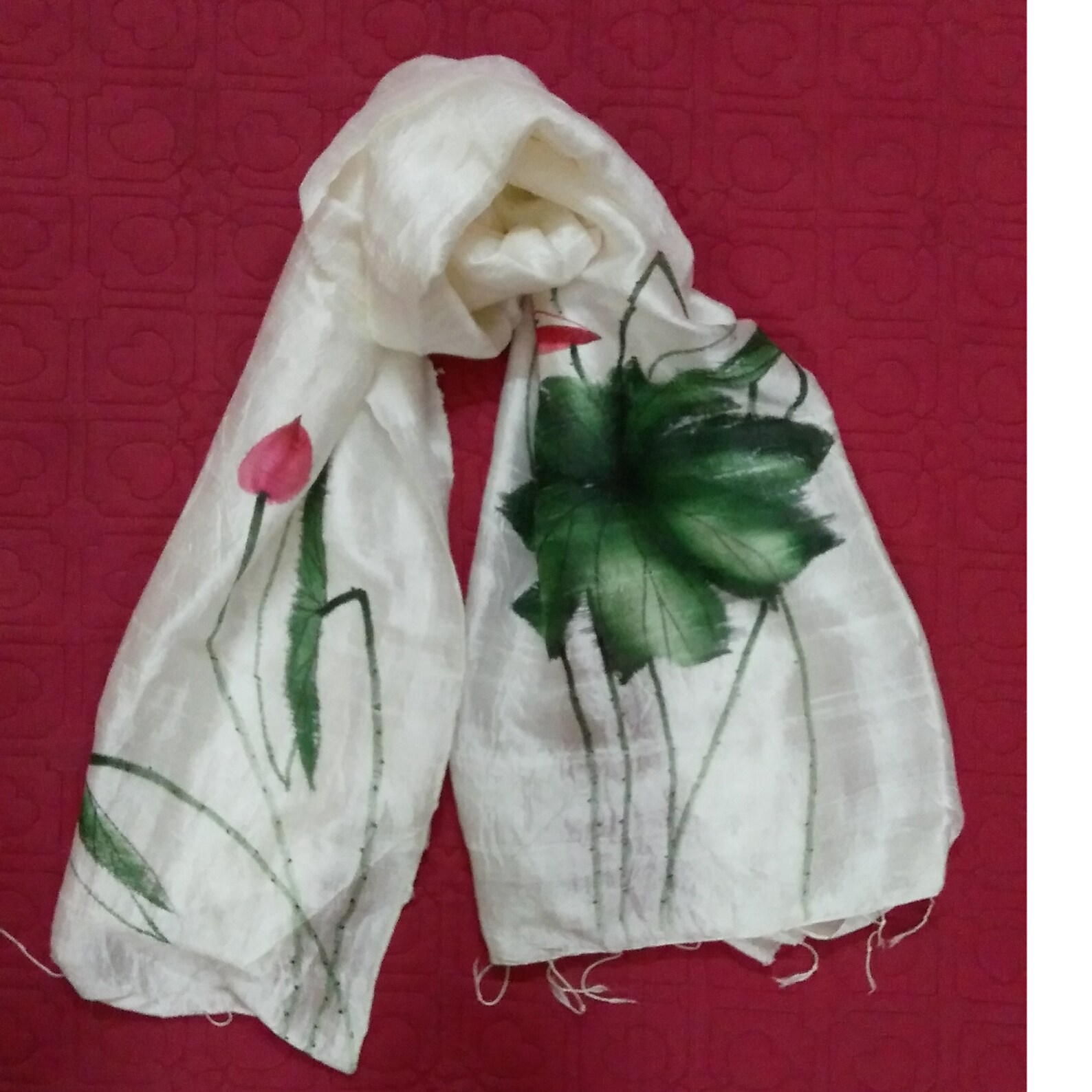 Lotus Flower Hand Painted Silk Scarf, Gift for Her, Natural Silk Scarf ...