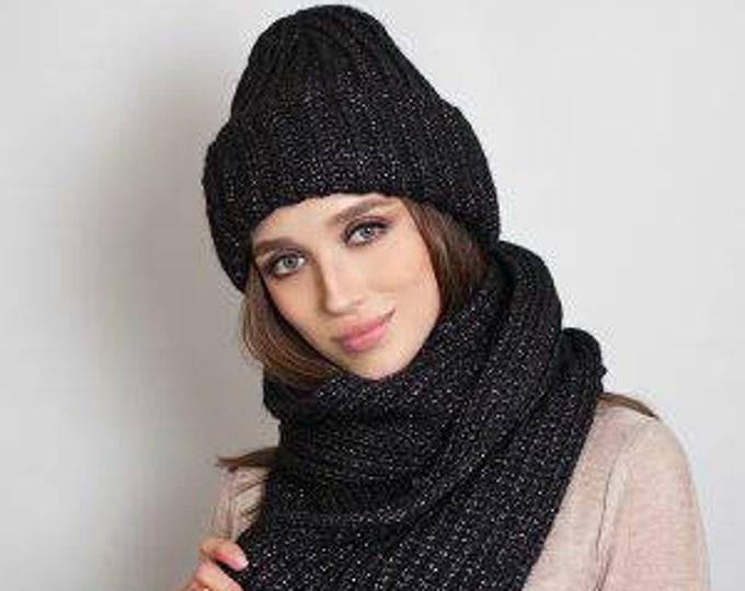 Beautiful Elegant BLACK Set Glitter Yarn CHUNKY Hat and Scarf Warm Wool ...
