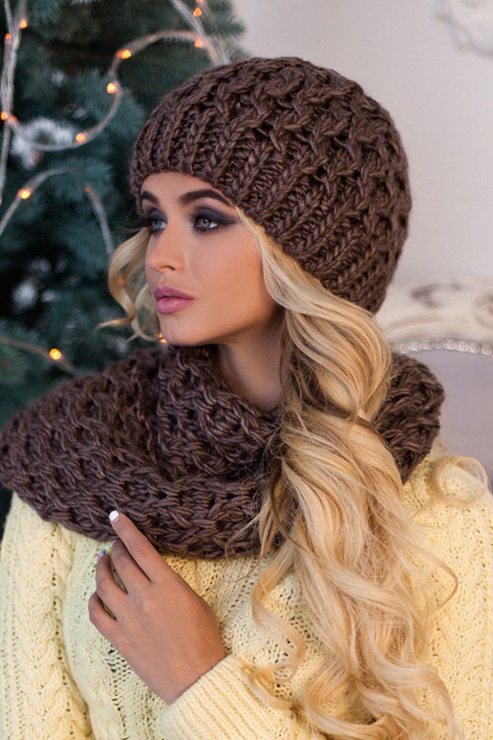 Elegant BEIGE Set Beanie and Cowl Scarf Warm Wool Beanie and - Etsy