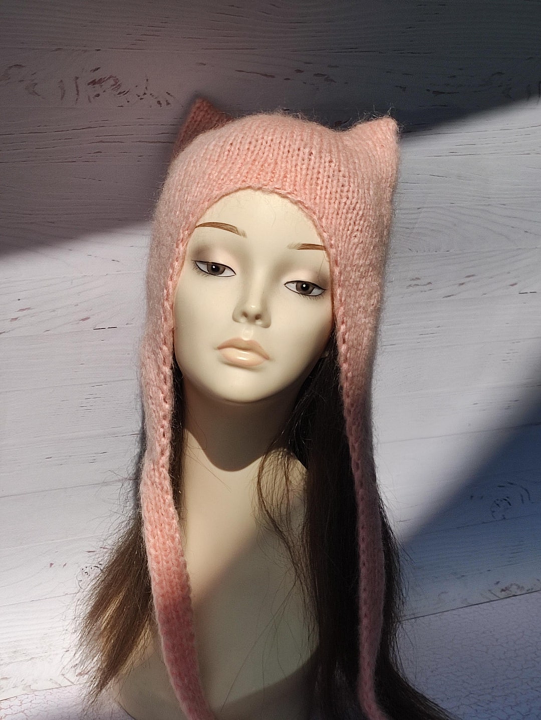 Peach Fluffy Mohair Cat Hat Cute Hat With Cat's Ears Mohair Handknit ...