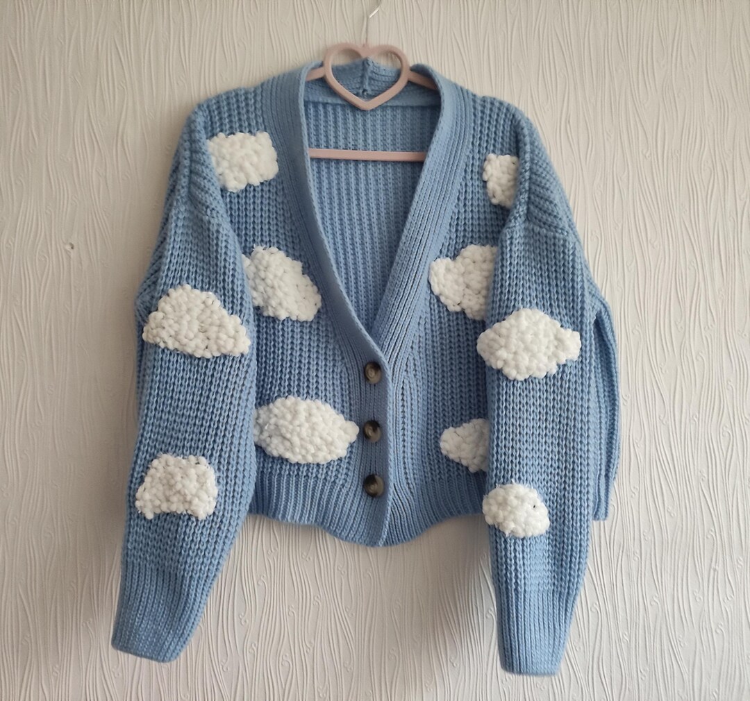 SKY BLUE CARDIGAN for Women and Girls Handmade Knit Cardigan With White ...