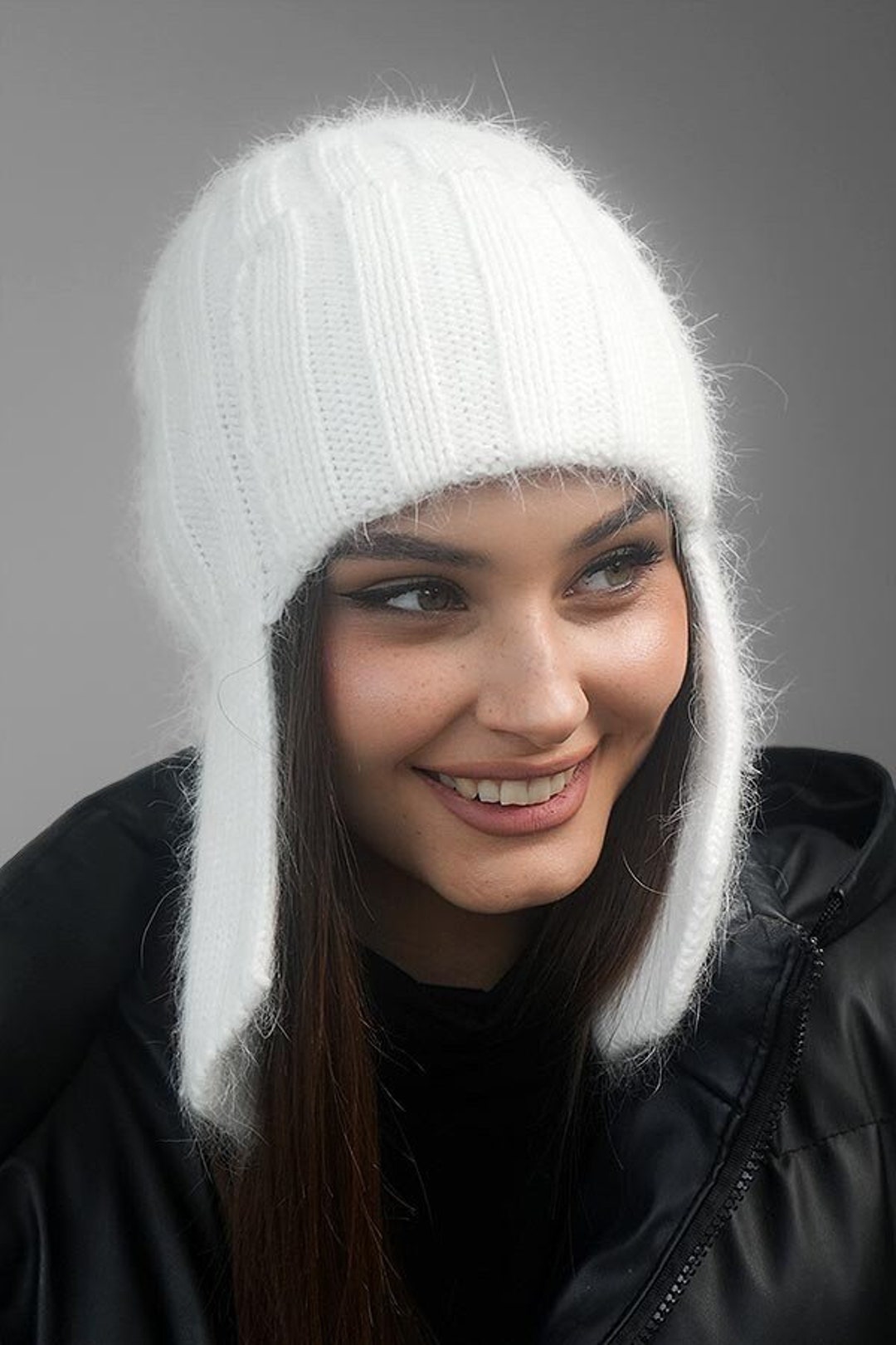 WHITE Angora Ear Flaps Hat Warm Aviator Hat Cozy and Fluffy Hat Cute ...