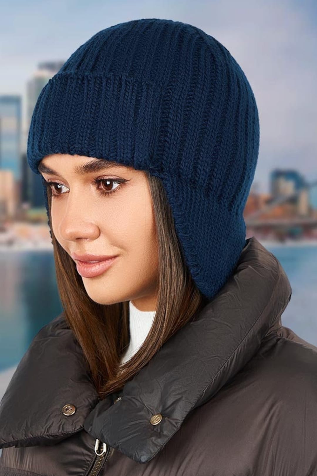 DARK NAVY BLUE Ear Flaps Hat Warm Aviator Hat Cozy Ski Hat Cute Ears ...
