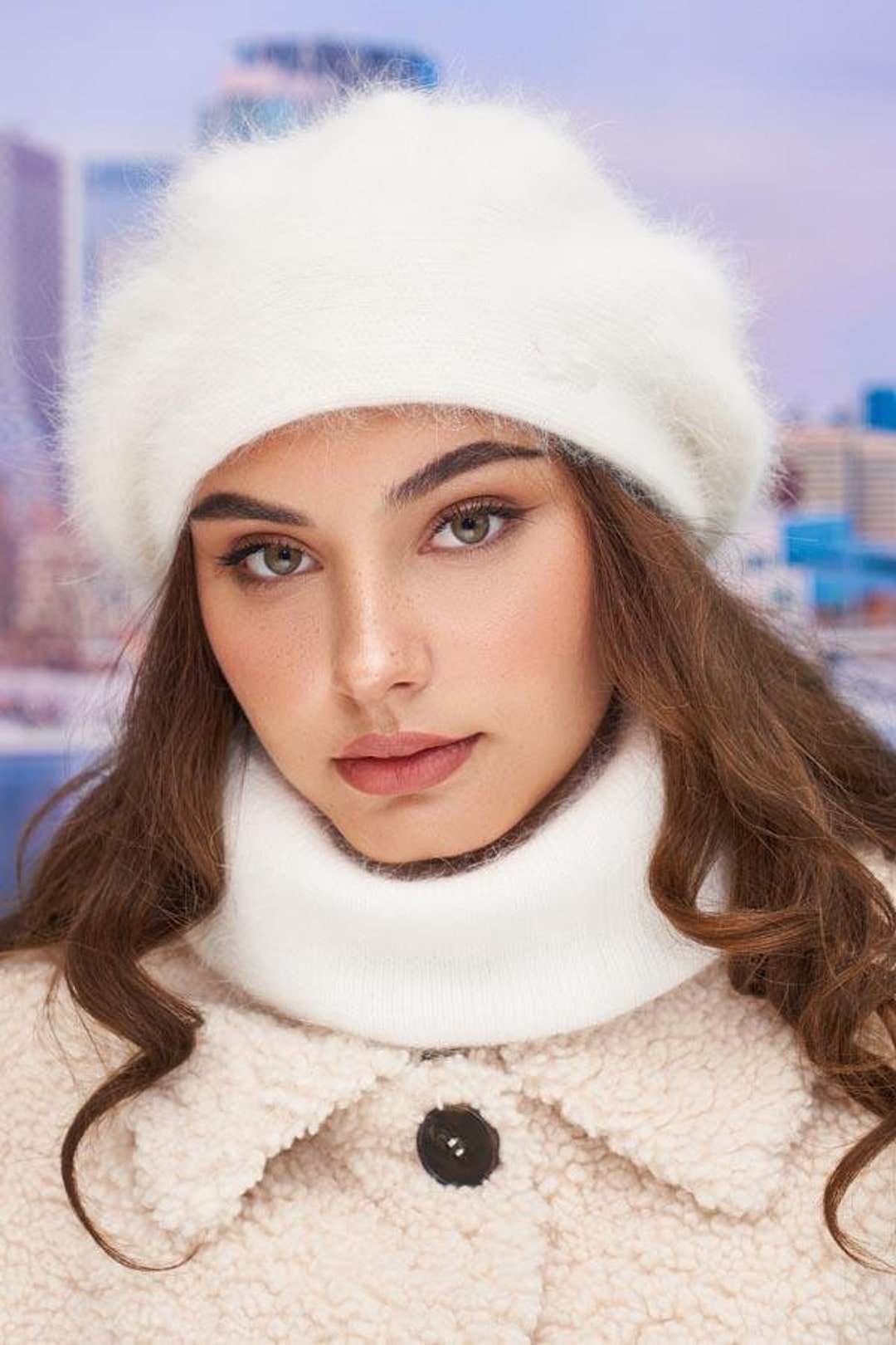 WHITE Fluffy ANGORA Set Beret and Scarf Snood Elegant Set TAM French ...