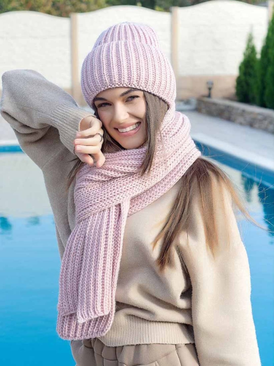 SOFT PINK Knit Set CHUNKY Hat and Scarf Warm Wool Beanie and Scarf Knit ...