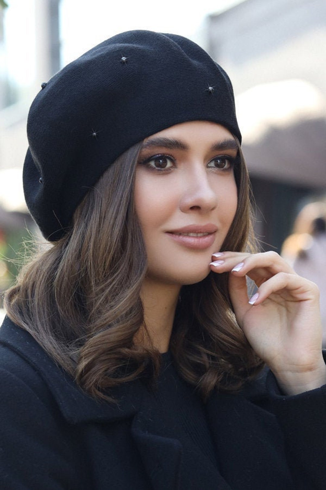 Knitted Elegant Beret With Bead Decor Slouchy Tam Women Knit Beret Warm ...